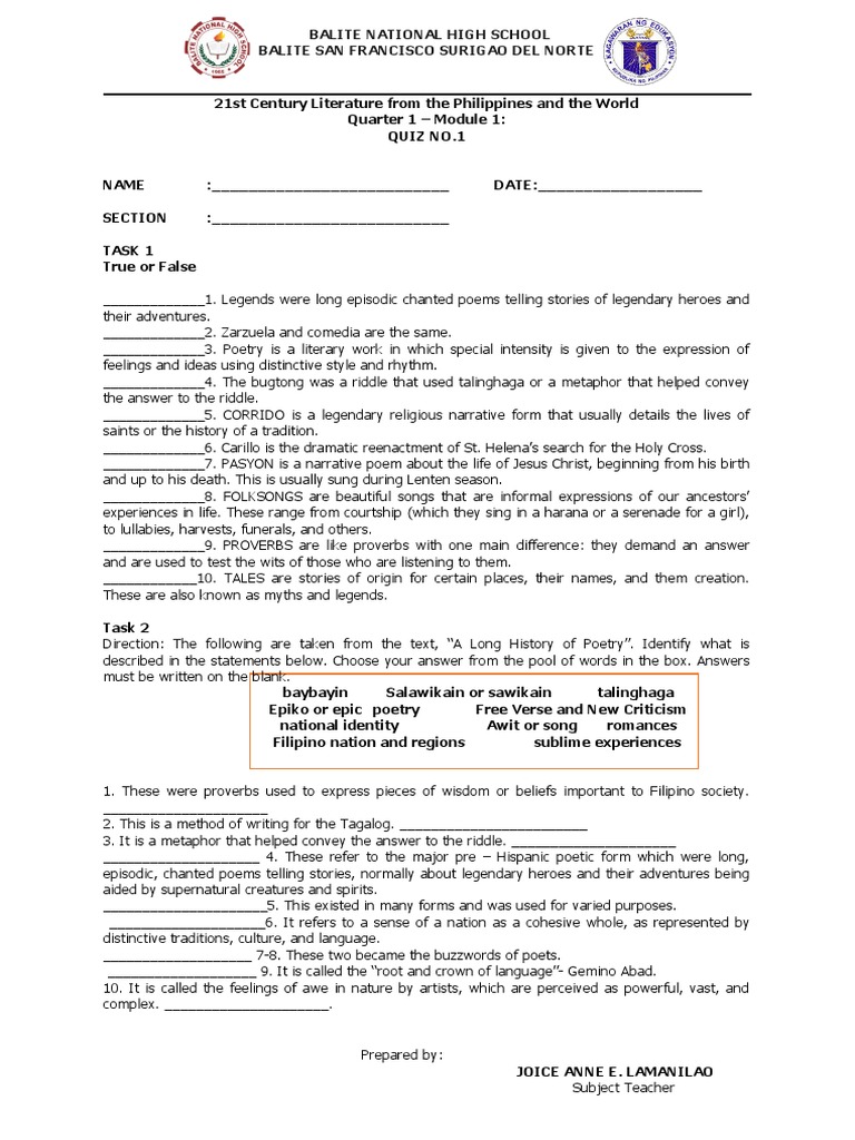 21st Century QUIZ 1 | PDF | Poetry | Riddle