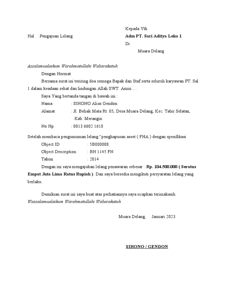 Pengajuan Lelang PT Sari Aditya Loka | PDF