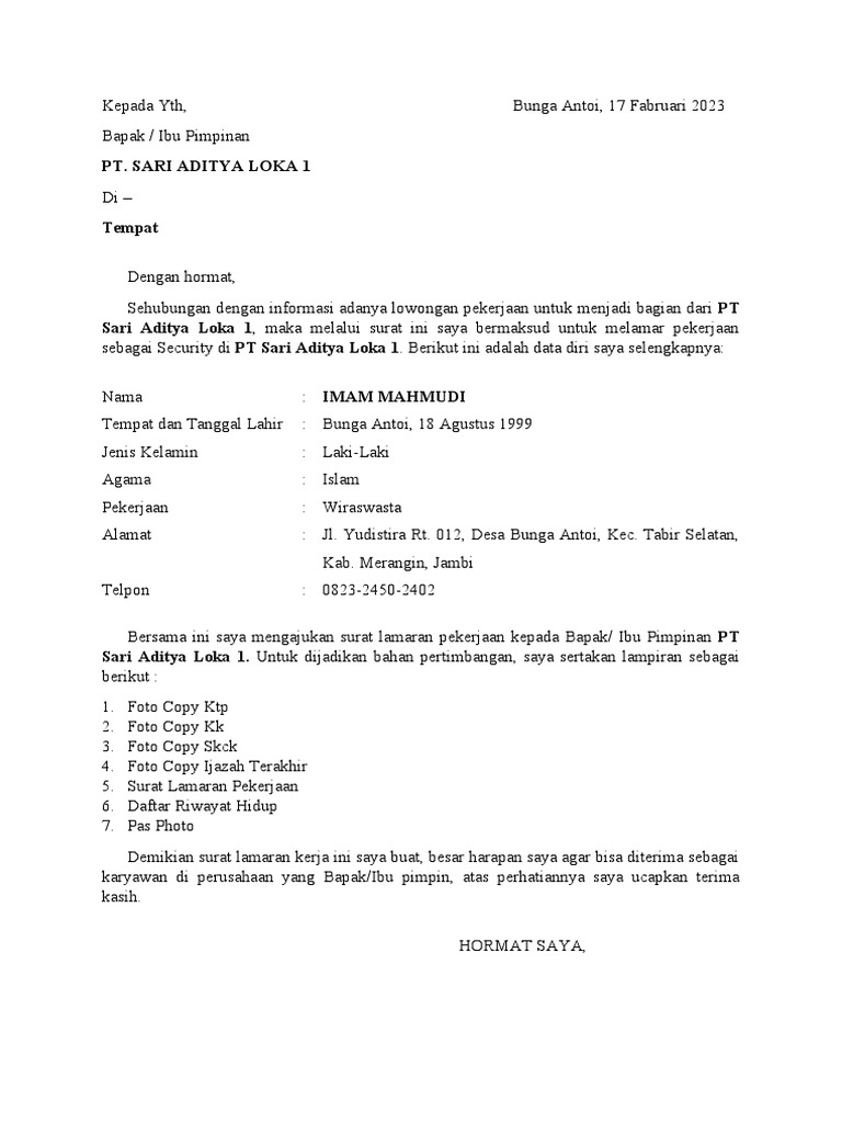 Surat Lamaran Kerja Sebagai Security | PDF