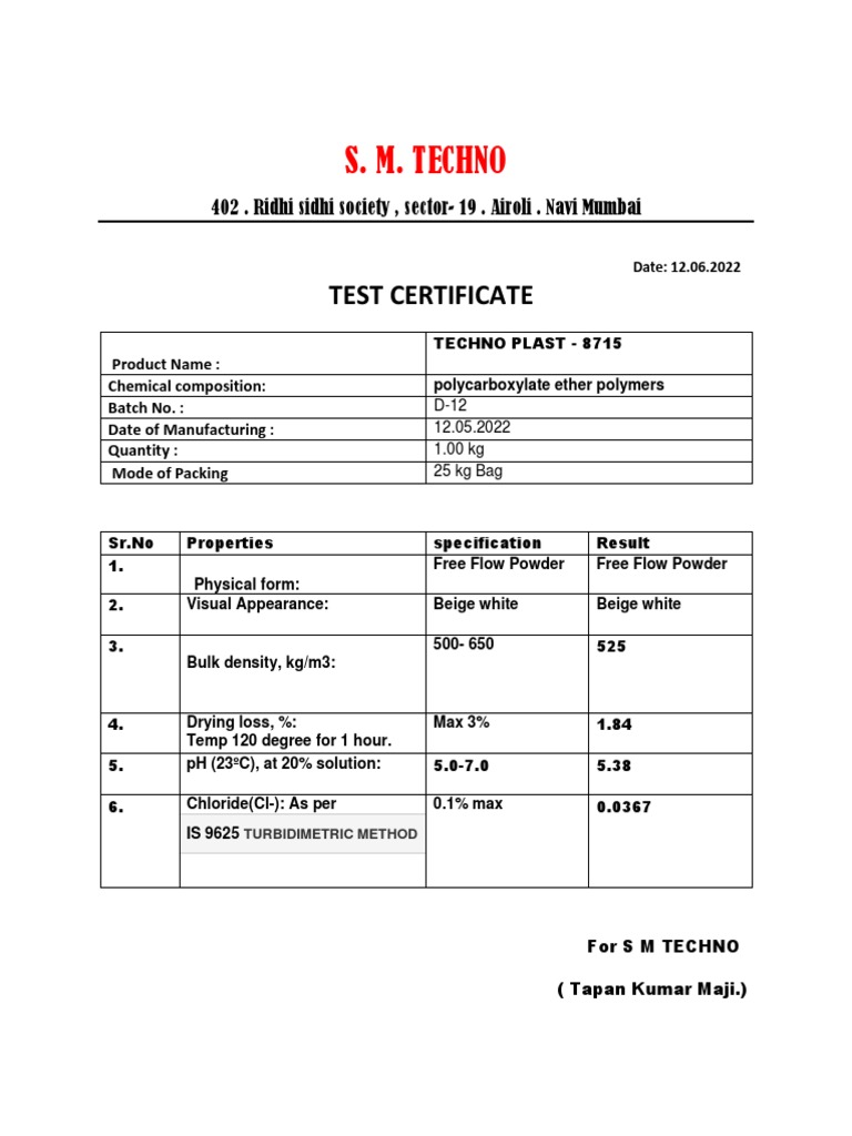 COA of TECHNOPLAST 8715 (1887) | PDF | Technology & Engineering