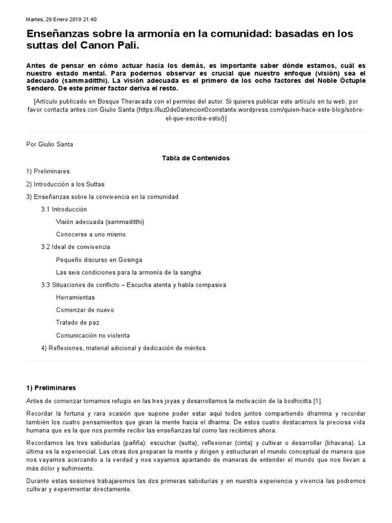 Enseñanzas Sobre La Armonía en La Comunidad - Basadas en Los Suttas Del ...