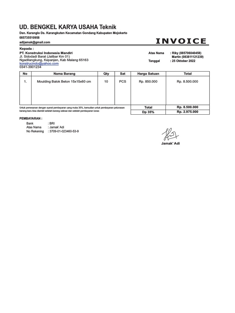 Invoice Ud. Bengkel Karya Usaha | PDF