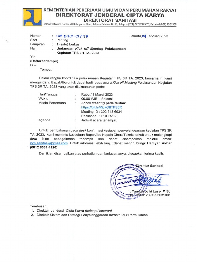 Undangan Kick Off Meeting Pelaksanaan Kegiatan TPS 3R TA. 2023, 1 Maret 2023 | PDF