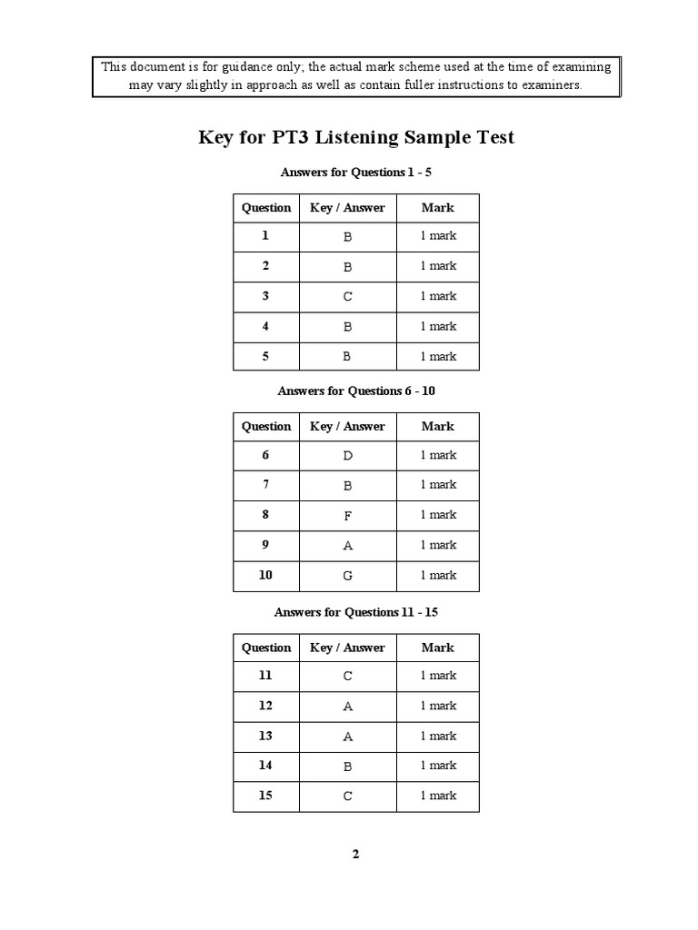 PT3 Listening Sample Test Key | PDF | Evaluation Methods | Tests