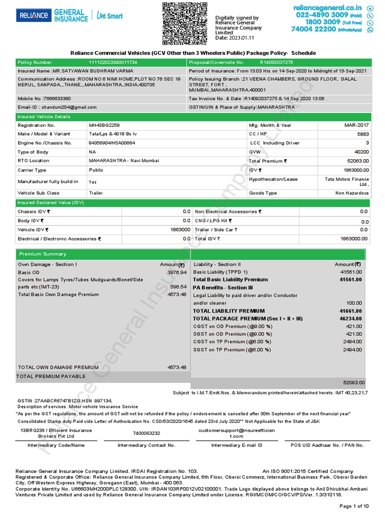 Reliance General Insurance Company Limited: Policy Number ...