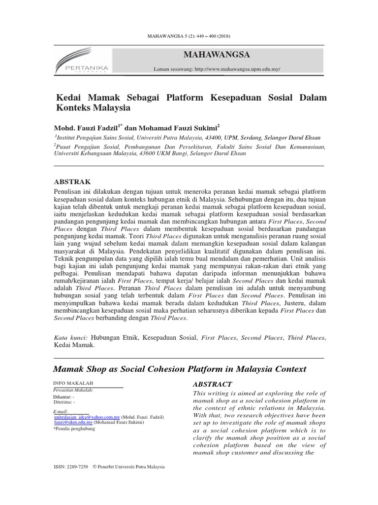 Kedai Mamak Sebagai Platform Kesepaduan Sosial Dalam Konteks Malaysia | PDF