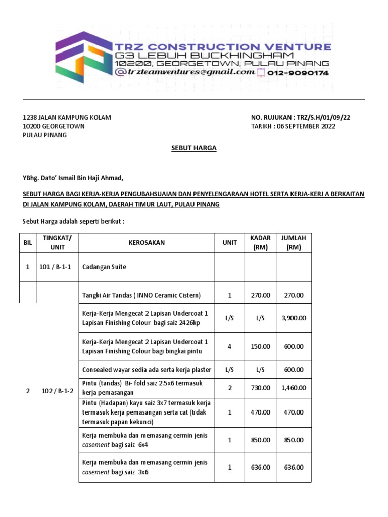 Letter Head TRZ Sebut Harga Pengubahsuaian Hotel Wakaf | PDF