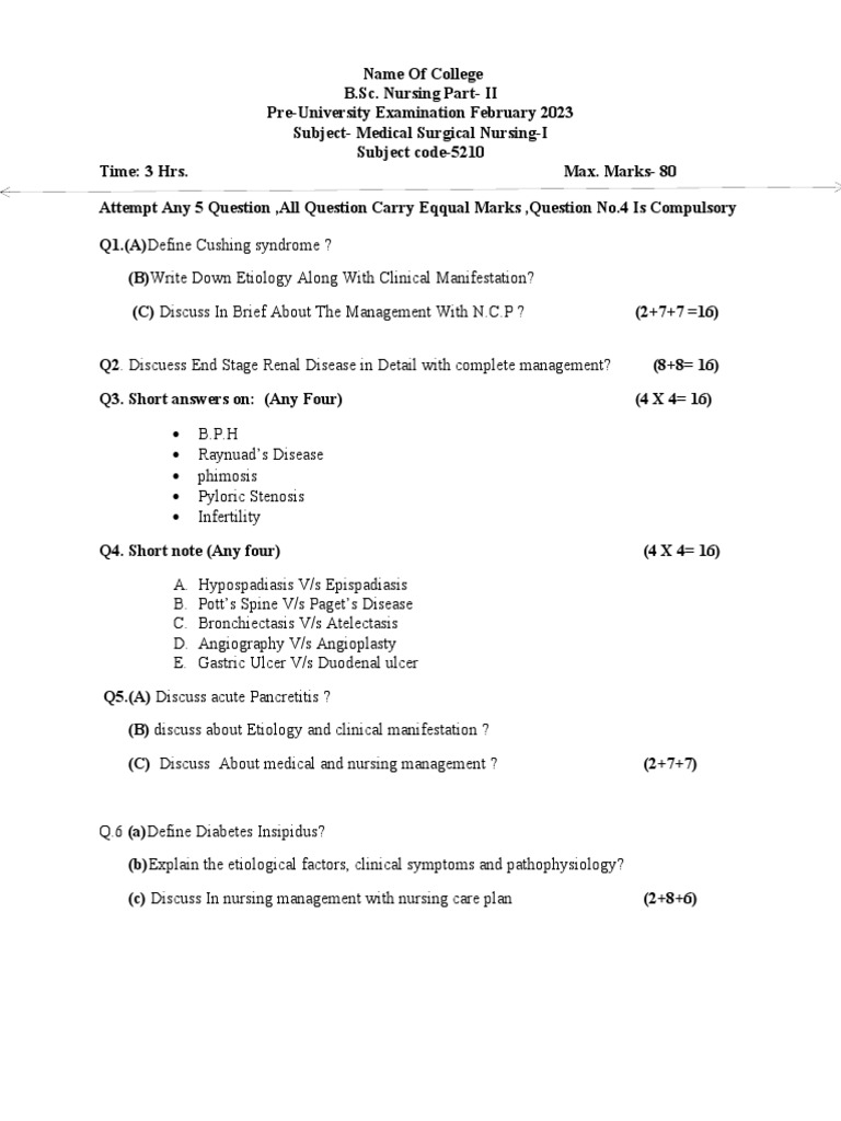 B.SC Nursing 2nd Year Medical Surgical Nursing-1 Question Paper | PDF