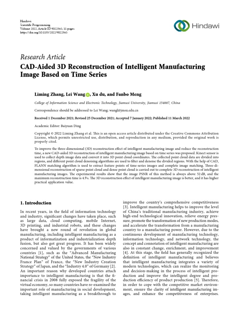 Research Article Cad Aided 3d Reconstruction Of Intelligent Manufacturing Image Based On Time