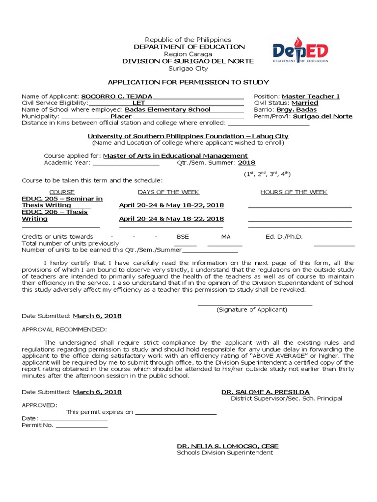 Permit To Study | PDF | Teachers | Workweek And Weekend