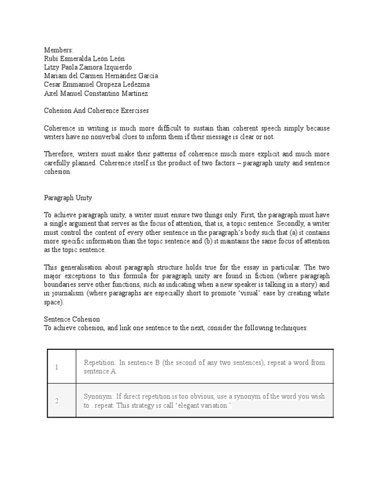 Cohesion and Coherence Exercises | PDF | Word | Sentence (Linguistics)
