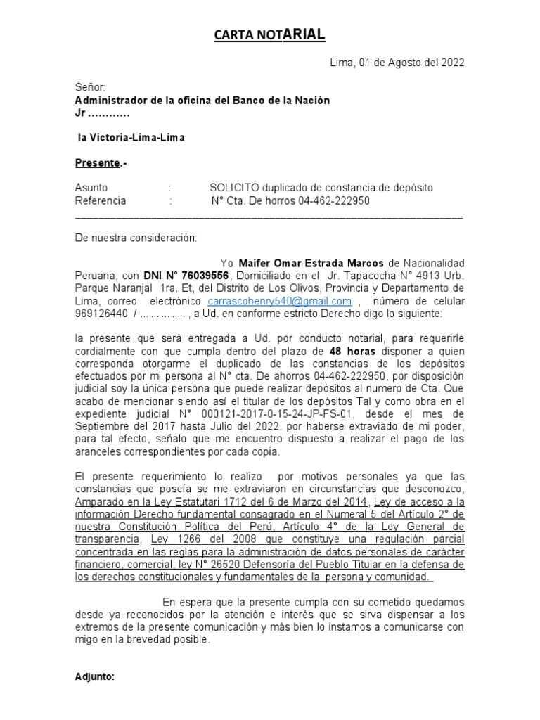 Modelos de Carta Notarial de Requerimiento de Pago | PDF | Derecho ...