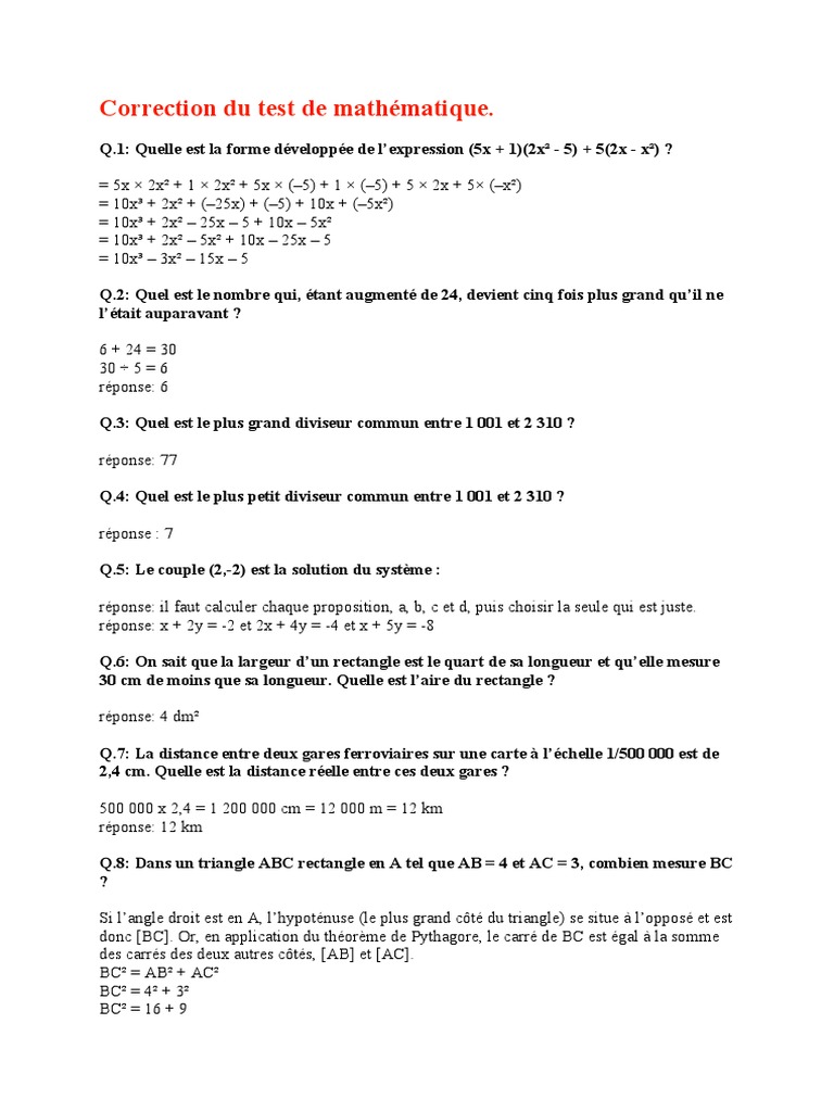 Correction du test de mathématiques | PDF