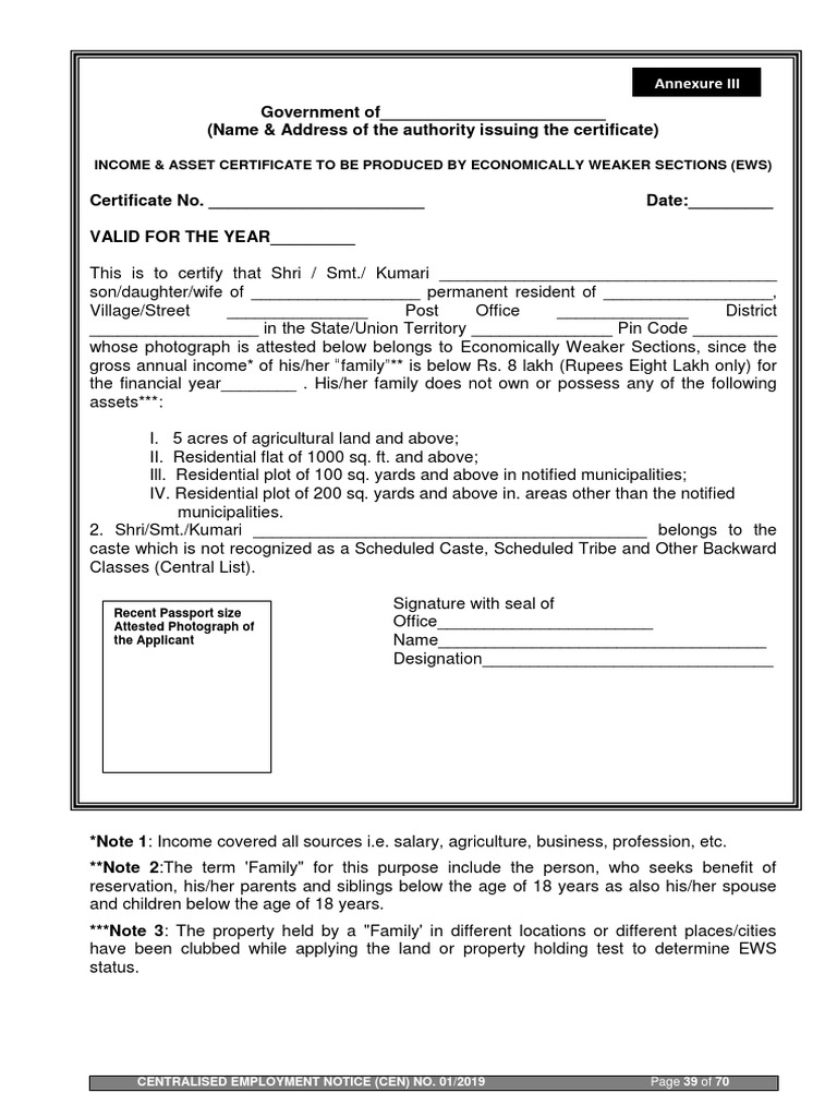 EWS Certificate Format for Railways | PDF | Business | Finance & Money ...