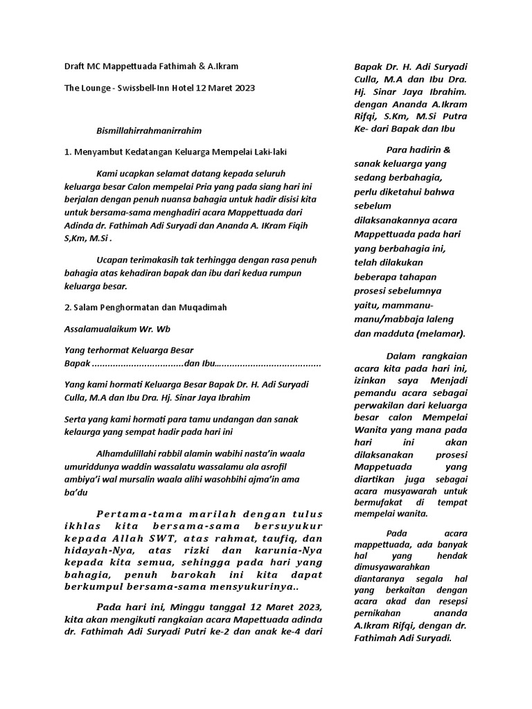 Susunan Acara MC Mappettuada | PDF