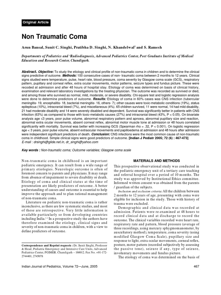 Non Traumatic Coma | PDF | Coma | Meningitis