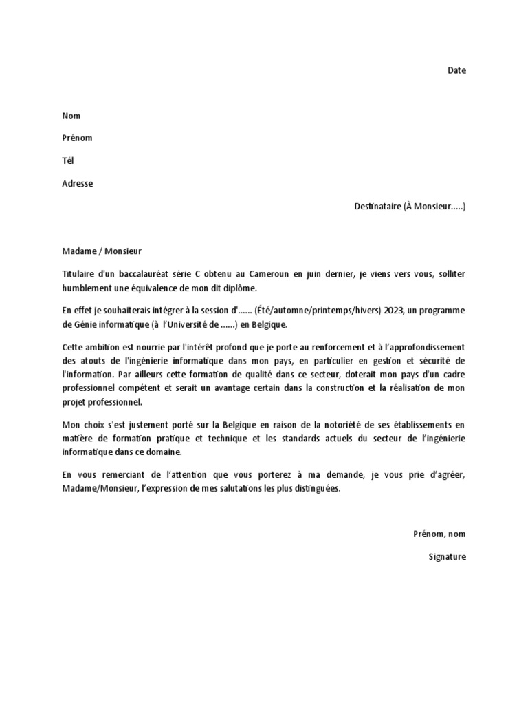 Modèle Demande D'équivalence de Diplôme | PDF