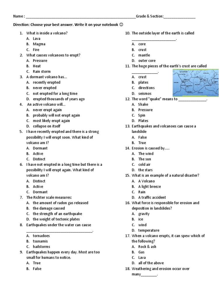 Understanding Earth Science Concepts: A Student Worksheet on Volcanoes, Earthquakes, Weathering ...