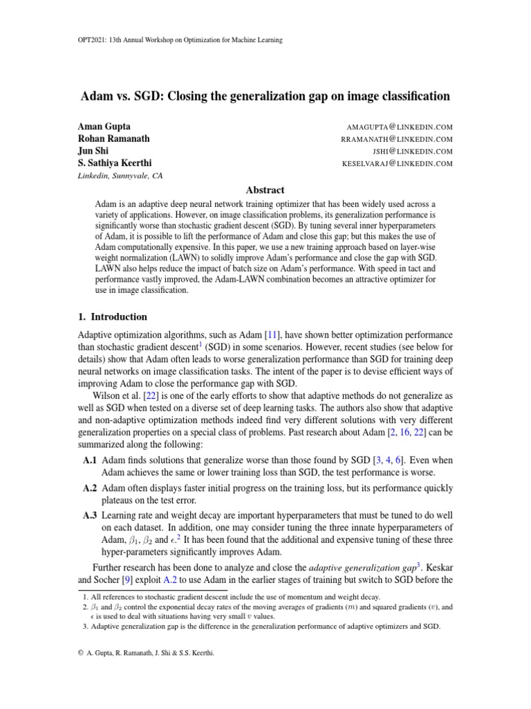Adam vs. SGD - Closing The Generalization Gap On Image Classification | PDF | Cognitive Science ...