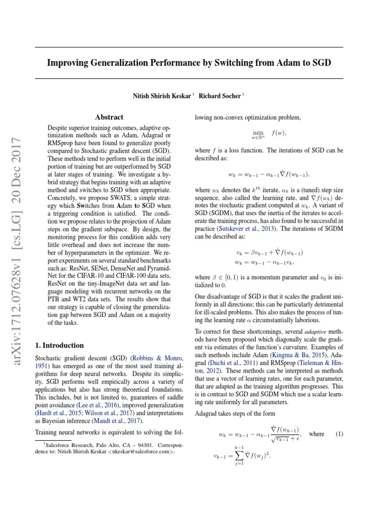 Improving Generalization Performance by Switching From Adam To SGD | PDF | Artificial ...