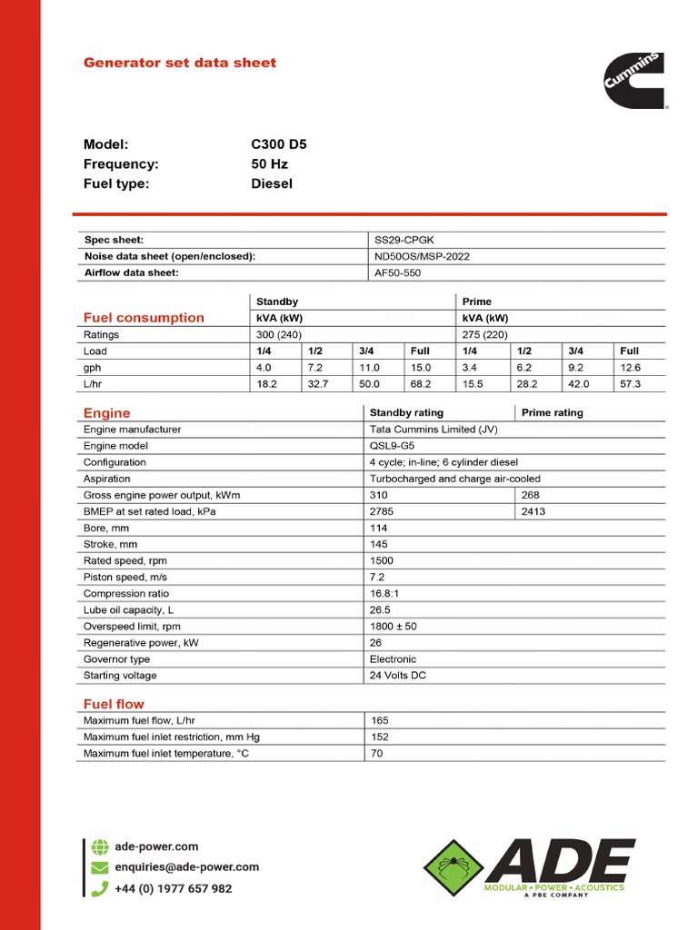 Cummins c300d5 Data Sheet | PDF