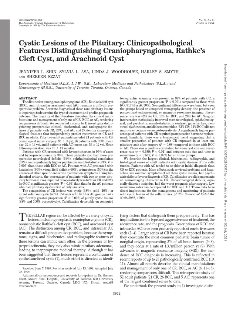 Cystic Lesions of The Pituitary Clinicopathological Features Distinguishing Craniopharyngioma ...