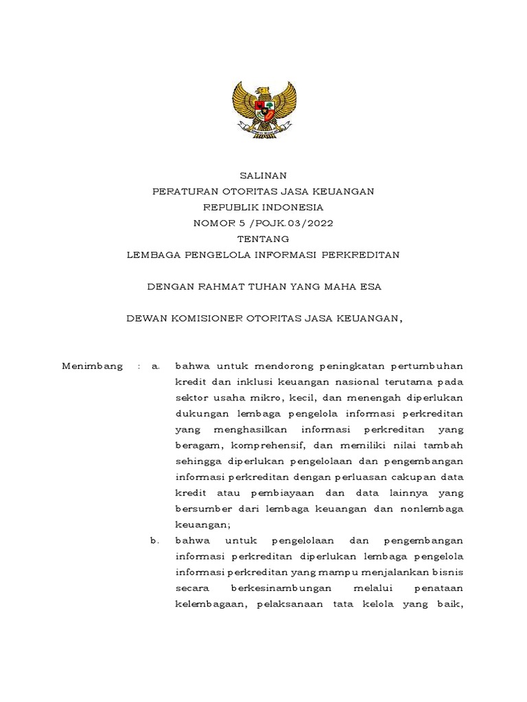 Pojk5 Pojk03 2022lembaga Pengelola Informasi Perkreditan2022 Pdf 