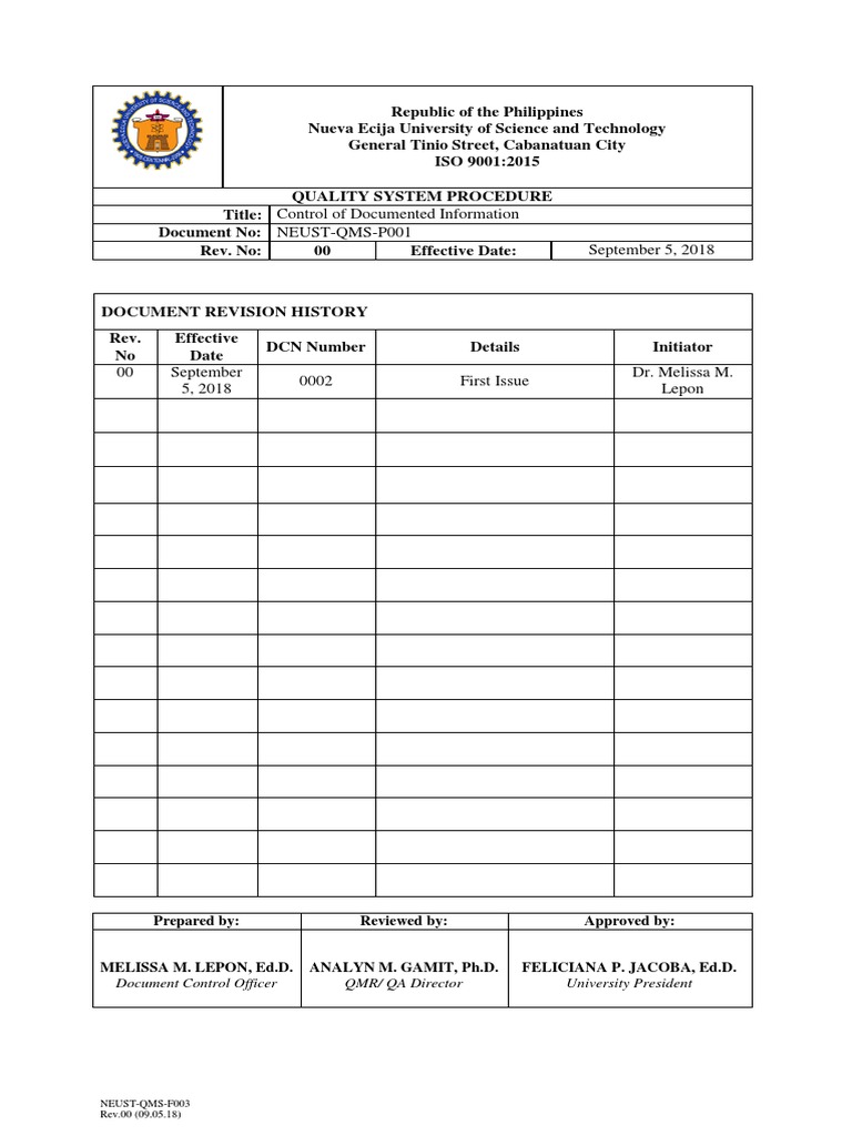 Sample - QMS-P001 Control-Of-Documented-Information | PDF | Quality ...