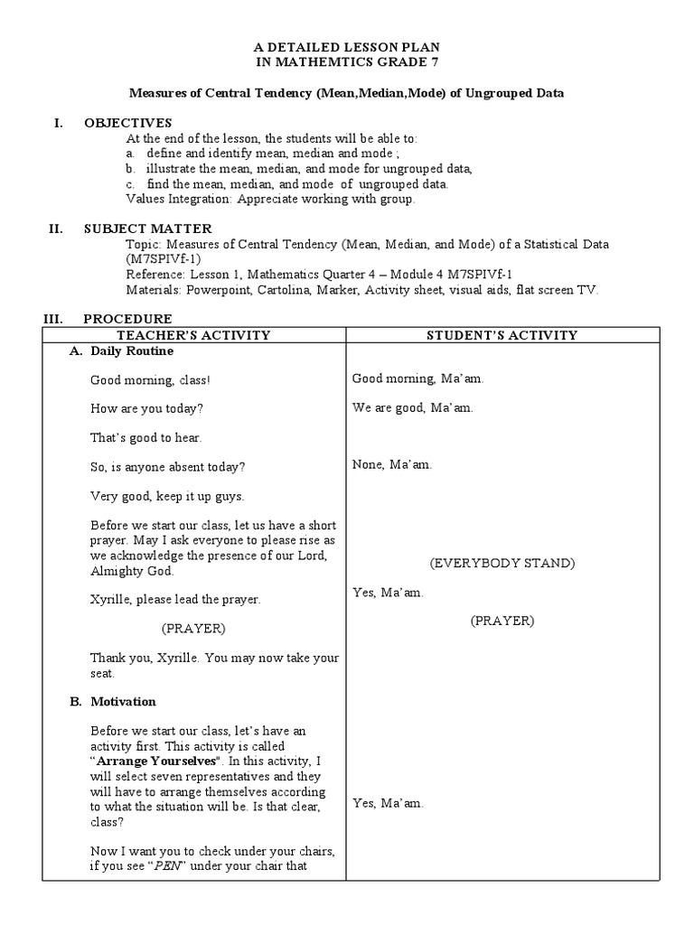 DETAILED LESSON PLAN in Measures of Central Tendency FINAL | PDF | Mean ...