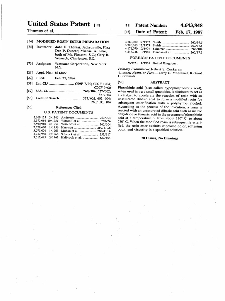 Us4643848 Fumaric Rosin | PDF | Ester | Resin
