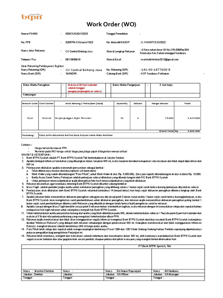 Work Order (WO) : Data Rekening Pembayaran Tagihan | PDF
