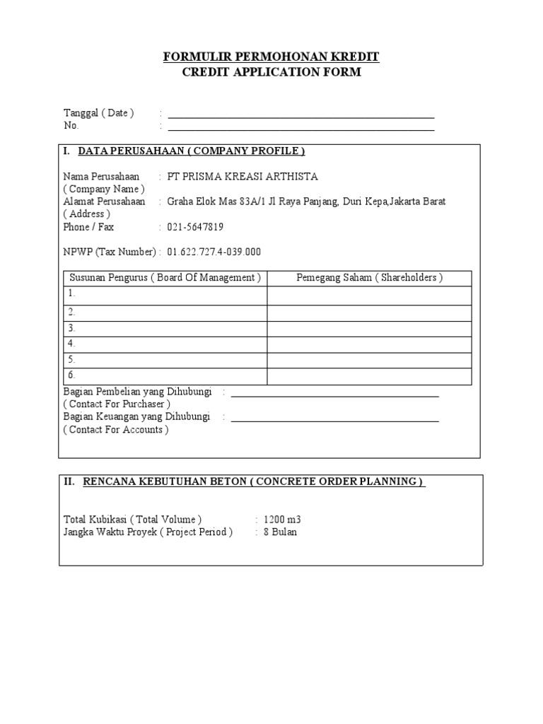 Credit Application Form Tunas Muda | PDF