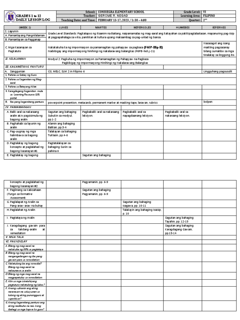 DLL - Filipino 6 - Q3 - W2 - Gerome | PDF