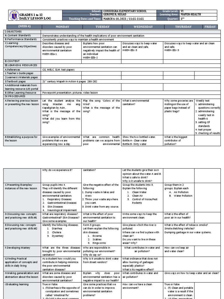 DLL - Mapeh-Health 6 - Q3 - W4 - Gerome | PDF | Air Pollution | Sanitation