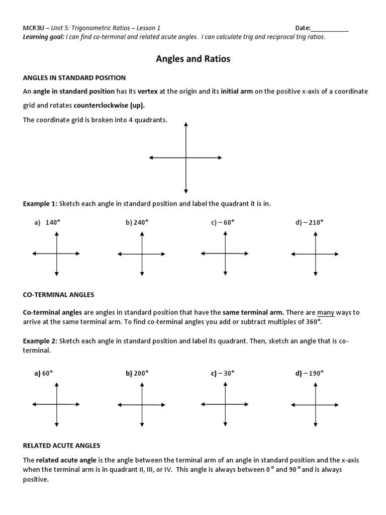 MCR3U Trigonometric Ratios Lesson 1 Angles and Ratios | PDF ...