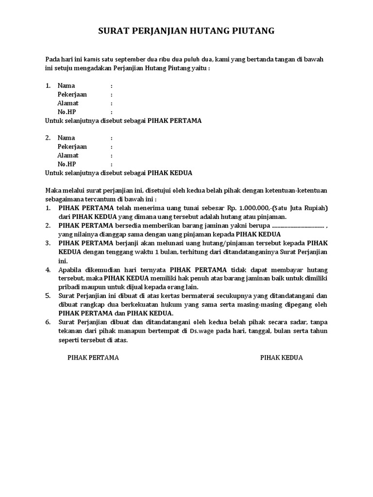 Contoh Surat Perjanjian Hutang Piutang | PDF
