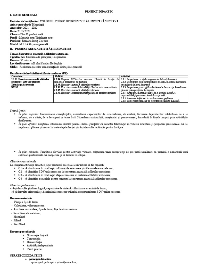 Proiect Didactic Filetarea Filete Exterioare Turul Galeriei | PDF