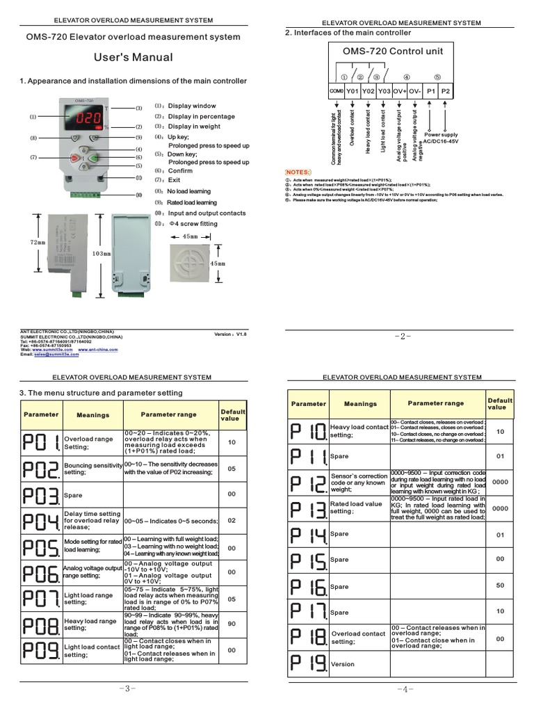 OMS-720 Elevator Overload Measurement System User's Manual: Interface Overview, Menu Structure ...