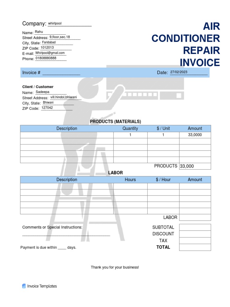 Air Conditioner Repair Service Invoice Template | PDF
