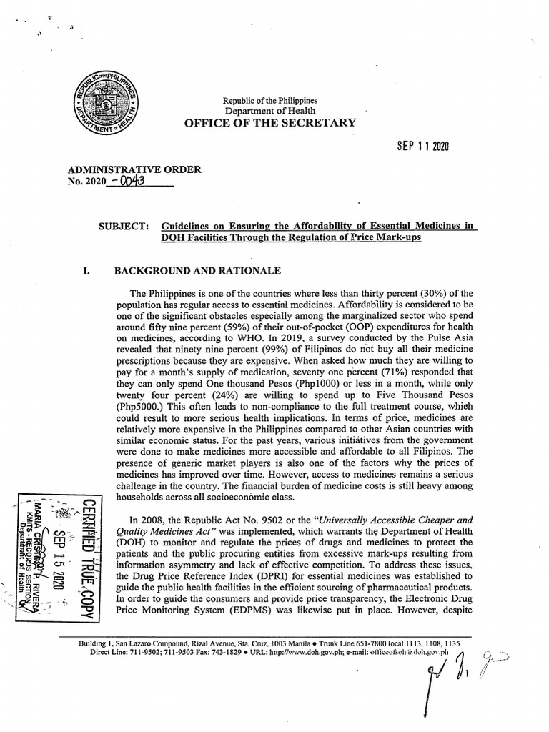 DOH Administrative Order No 2020 0043 | PDF | Prescription Drugs | Prices