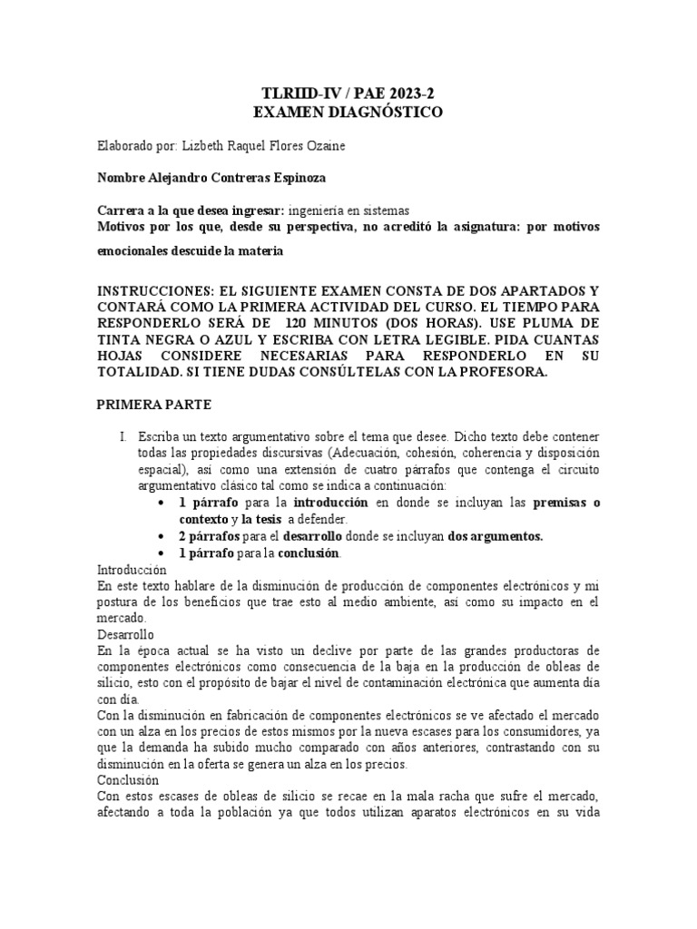 TLRIID III Examen diagnóstico Alejandro Contreras Espinoza | PDF | Ensayos