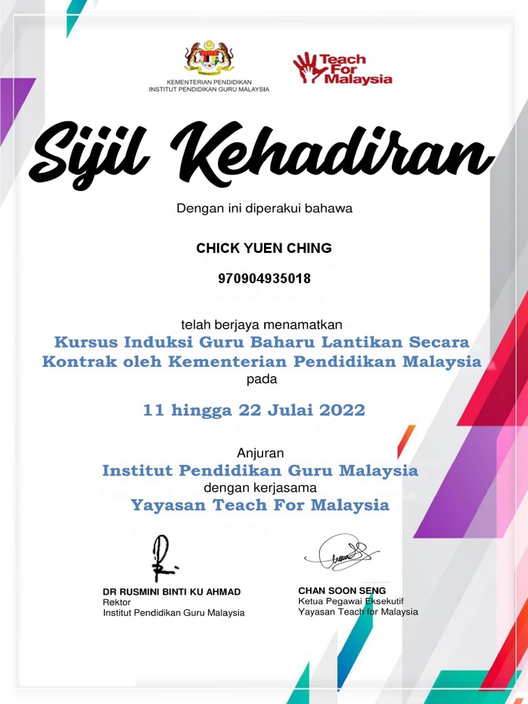 Sijil Kursus Induksi Guru Cos (Chick Yuen Ching) | PDF