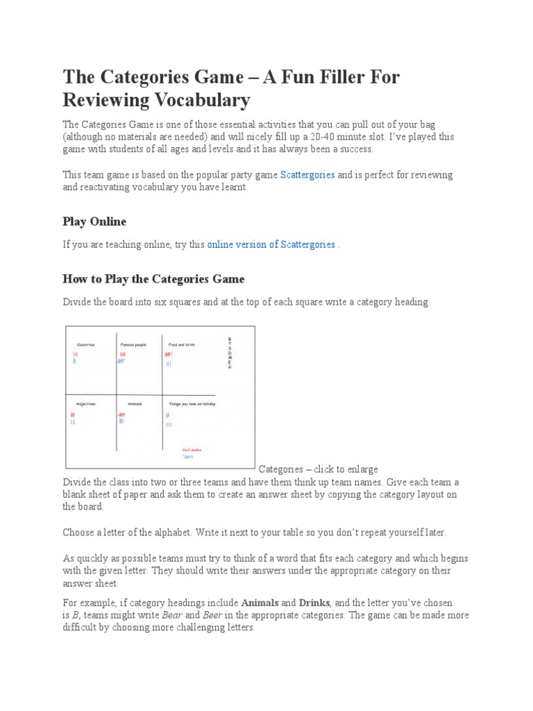 Categories Game | PDF | Human Communication | Languages
