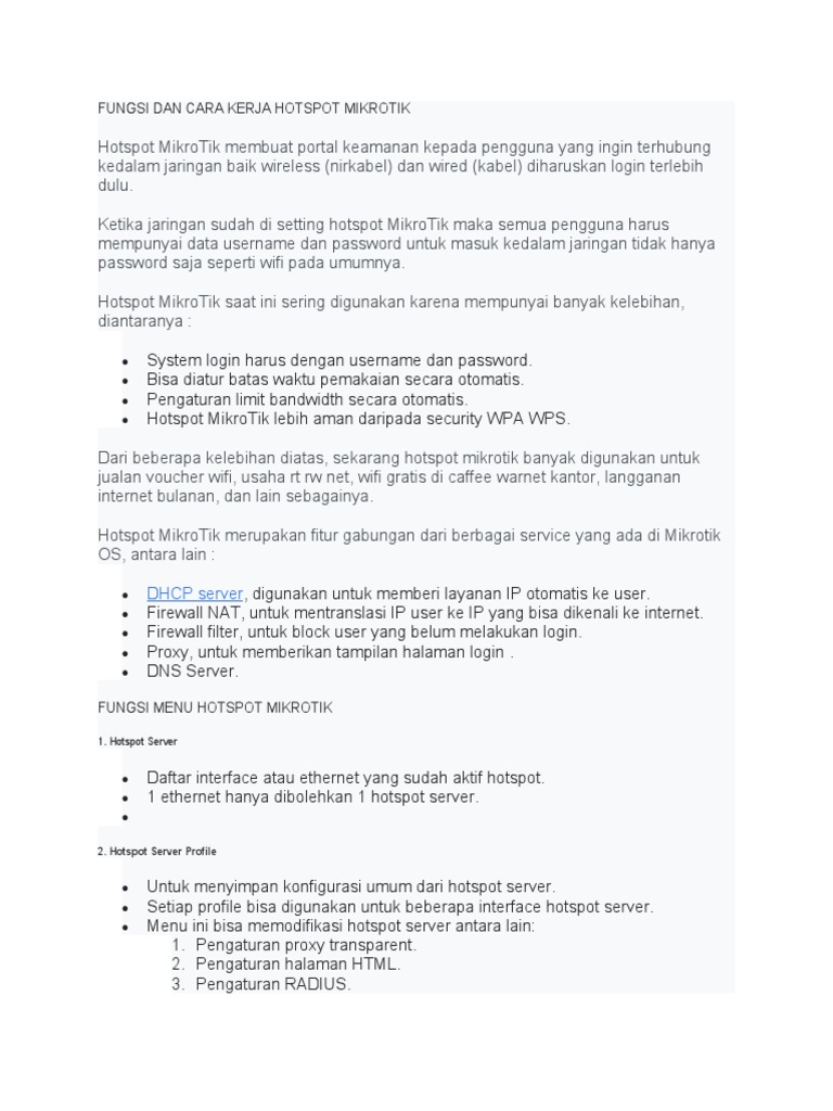 Fungsi Dan Cara Kerja Hotspot Mikrotik | PDF | Bisnis | Komputer