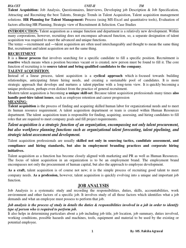 A Comprehensive Overview of Talent Acquisition, Job Analysis, and Their Importance for Effective ...