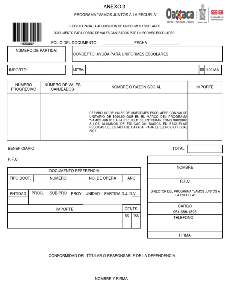 7.15 Apartado O. Formato de Documento de Cobro de Vales Canjeados para Uniformes Escolares | PDF