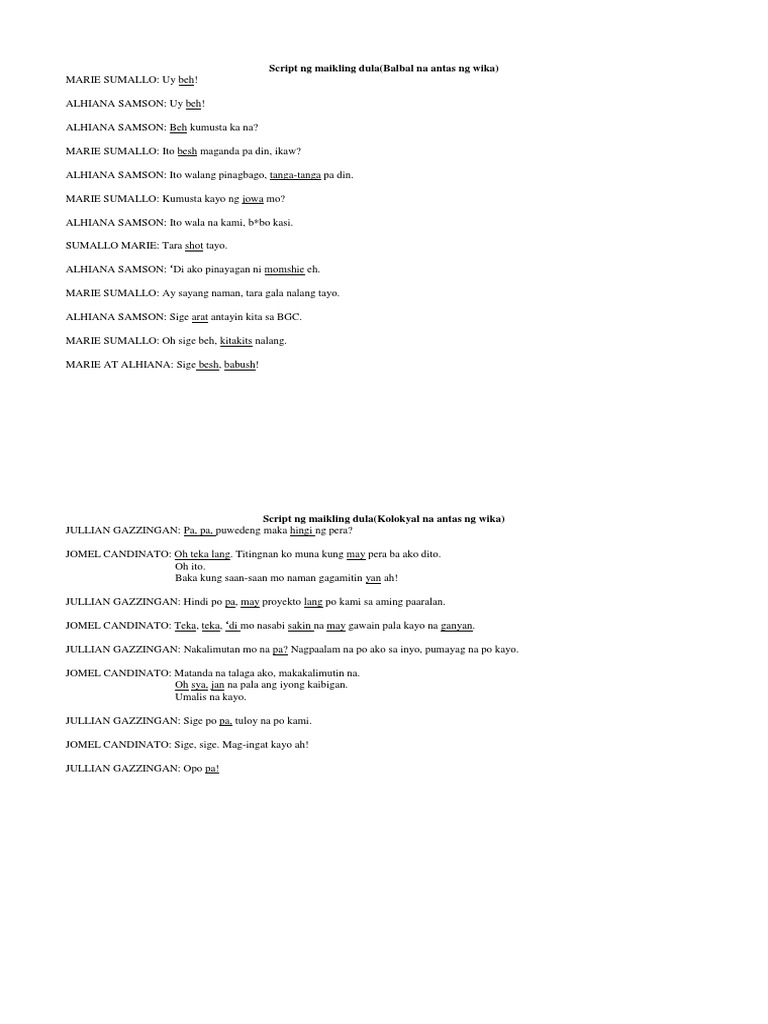 Script NG Maikling Dula (Iba't Ibang Antas NG Wika) | PDF