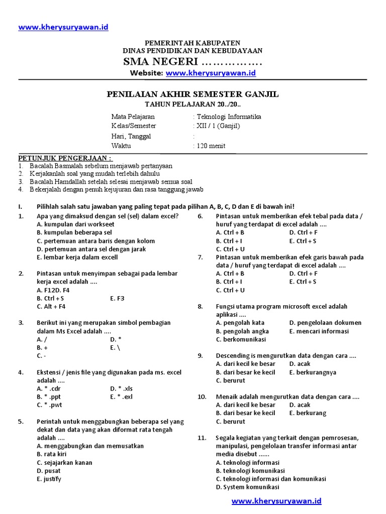 Soal PAS Informatika Kelas XII - WWW - Kherysuryawan.id | PDF
