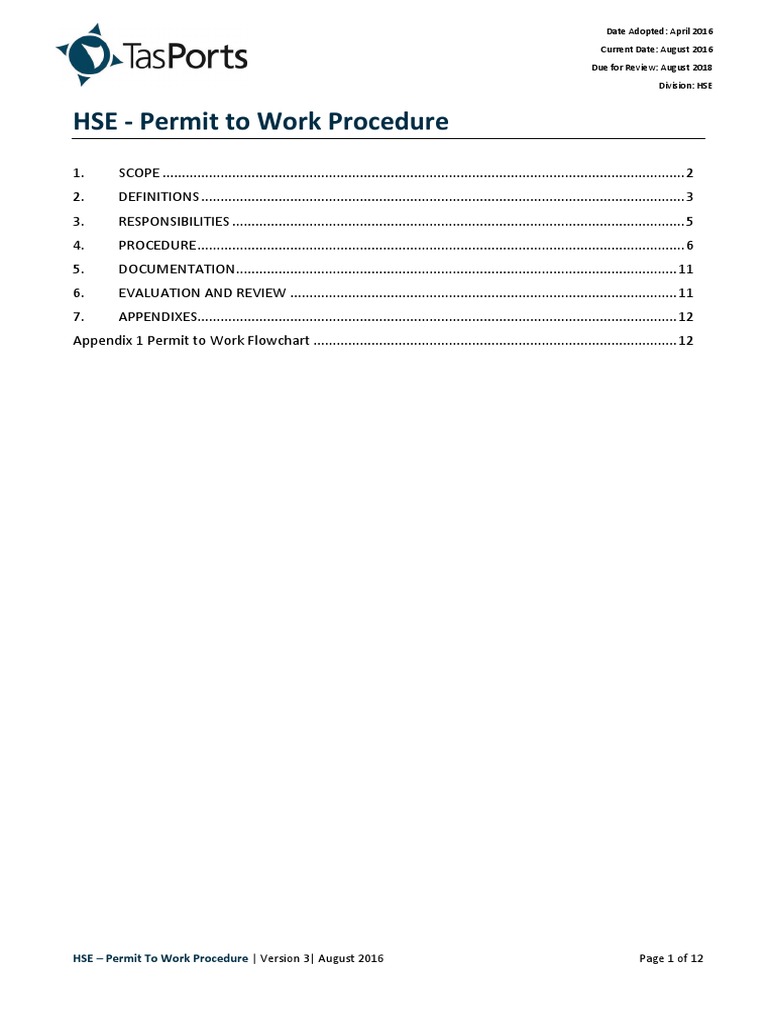 Permit To Work Procedure | PDF