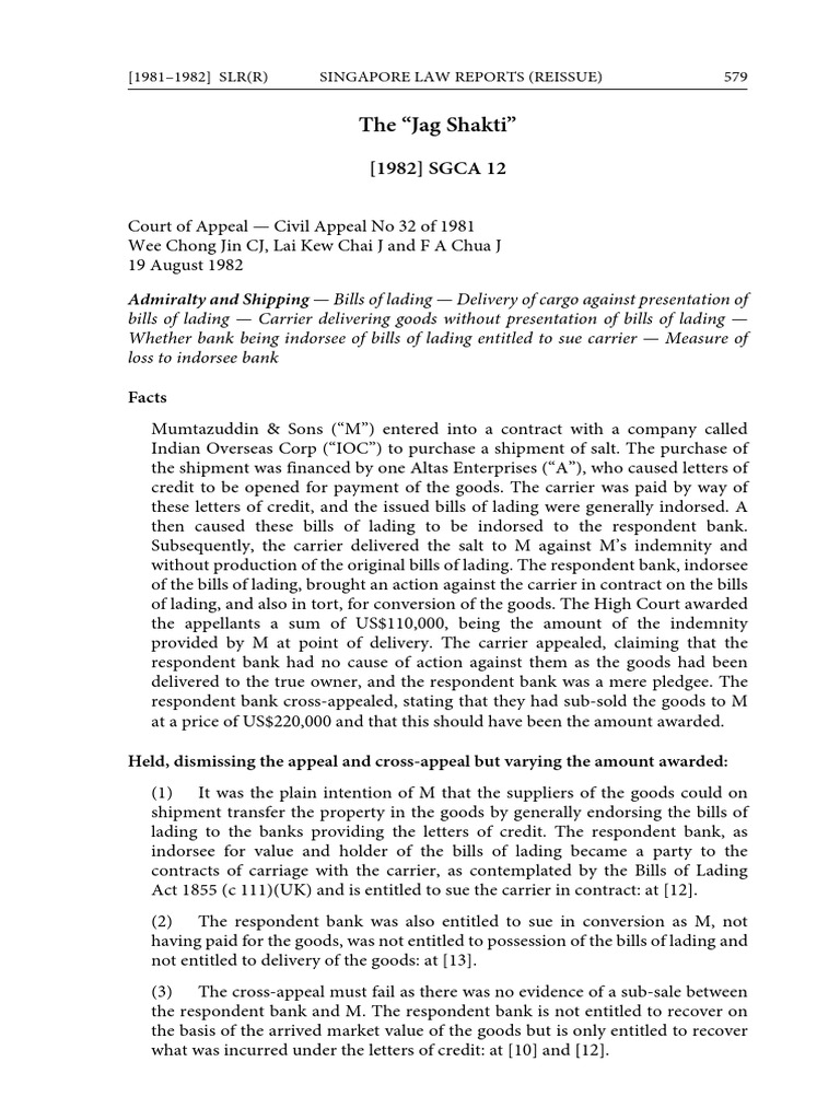 The "Jag Shakti" (1981-1982) SLR (R) 579 (1982) SGCA 12 | PDF | Bill Of Lading | Letter Of Credit